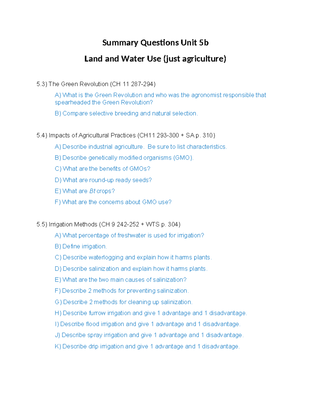 Unit 5b summary questions - Summary Questions Unit 5b Land and Water ...