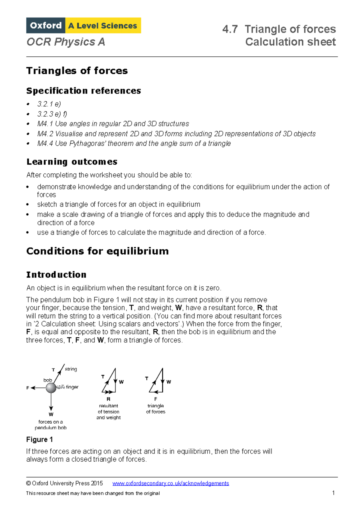 2. Kerboodle Worksheet - triangle of forces - OCR Physics A Calculation sheet Triangles of ...