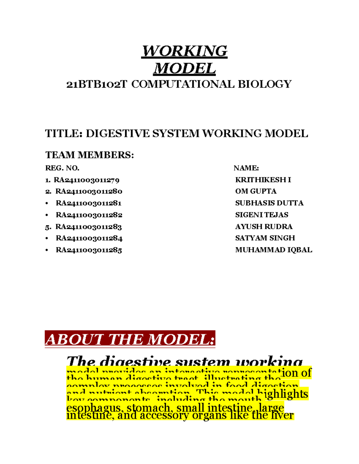 BIO Group - vkv;kjb - WORKING MODEL 21BTB102T COMPUTATIONAL BIOLOGY TITLE: DIGESTIVE SYSTEM ...
