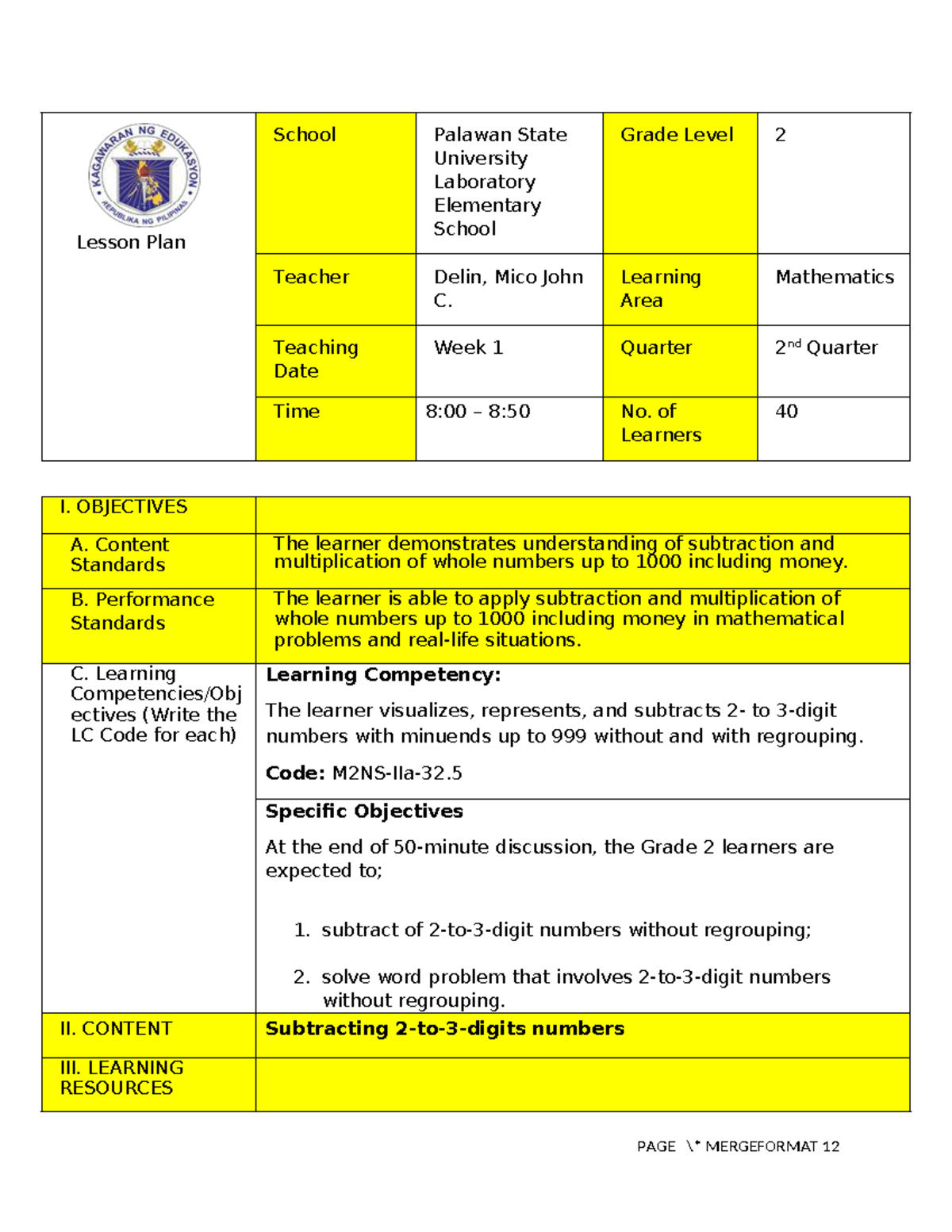 Delin-Numeracy-Lesson Plan-BEEd2A - Lesson Plan School Palawan State ...