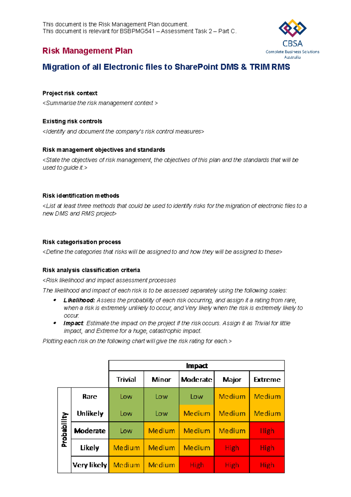 Bsbpmg 541 SD Risk Management Plan V1.0 (ID 181519) - This document is ...