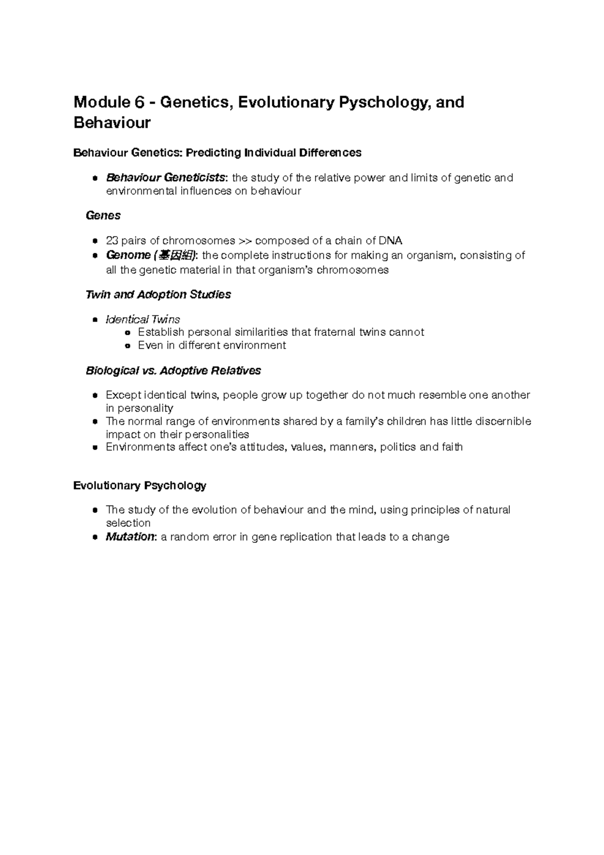 Module 6 - Lecture notes 6 - Module 6 Genetics, Evolutionary Pyschology ...