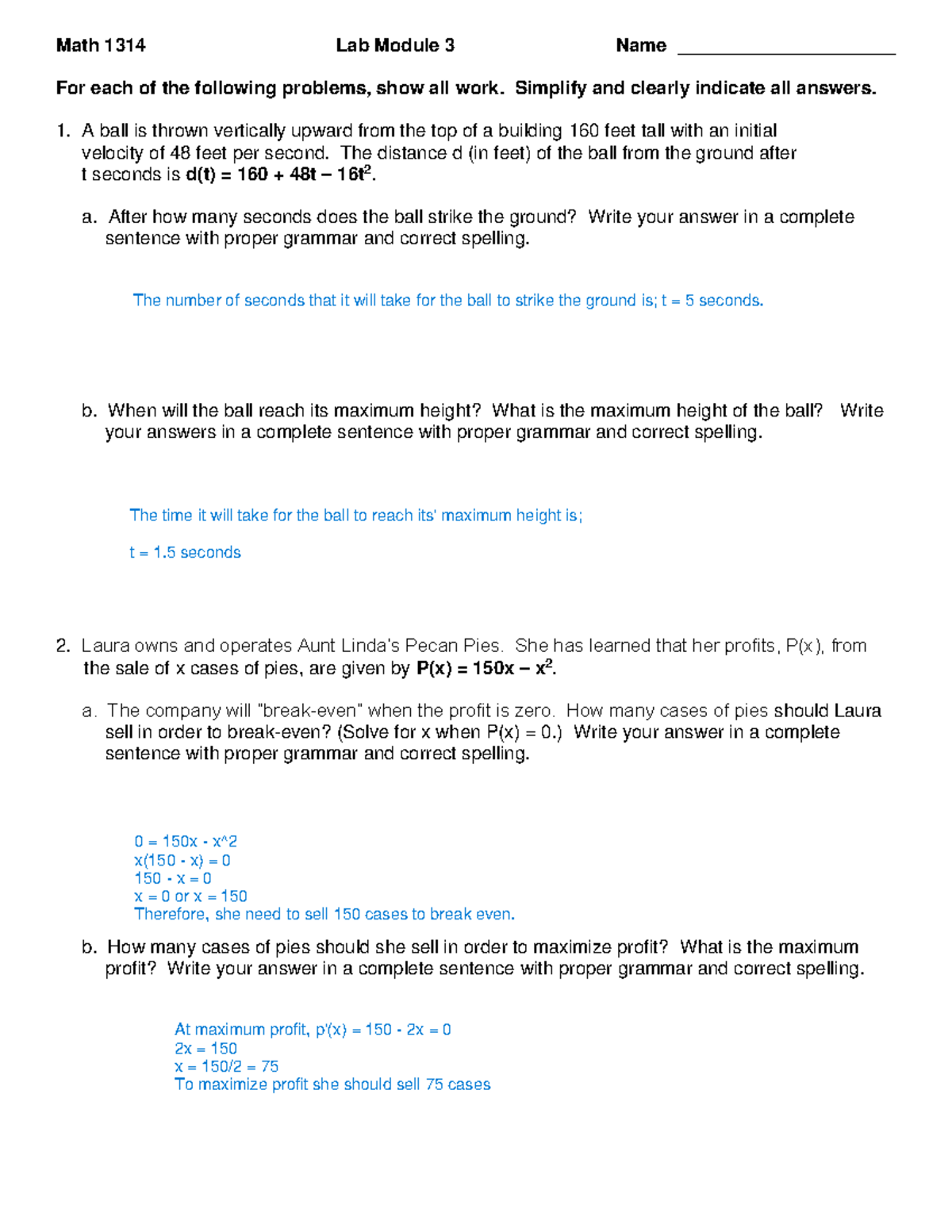 1314 Sample Lab Module 3 Fall 2019 done - Math 1314 Lab Module 3 Name