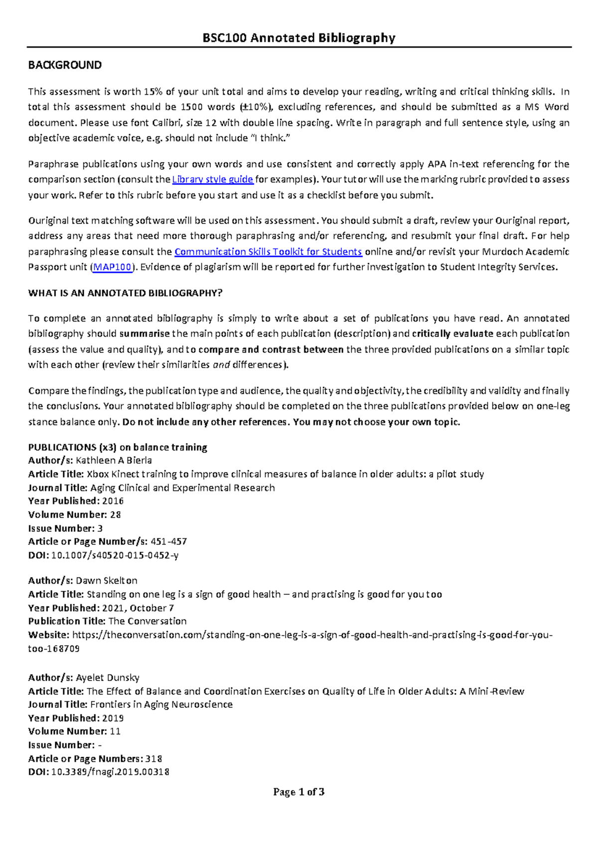 BSC100 Annotated Bibliography Rubrik and Instructions - Page 1 of 3 BSC100 Annotated ...