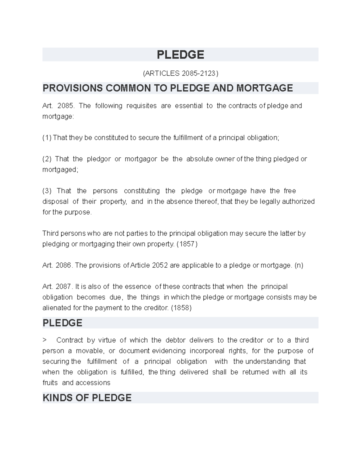 Pledge (Credit Transaction) - PLEDGE (ARTICLES 2085-2123) PROVISIONS ...