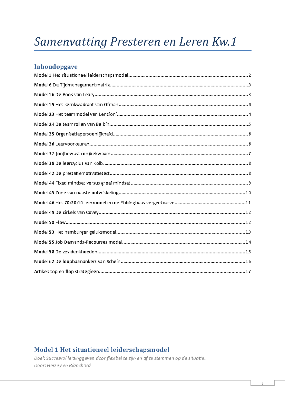 Samenvatting Presteren en Leren Kw1 - Inhoudopgave Model 1 Het ...