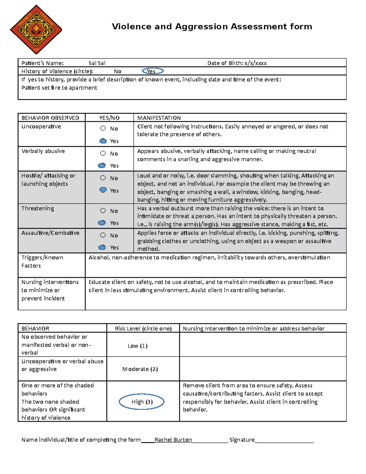 Violence Aggression checklist - Violence and Aggression Assessment form ...