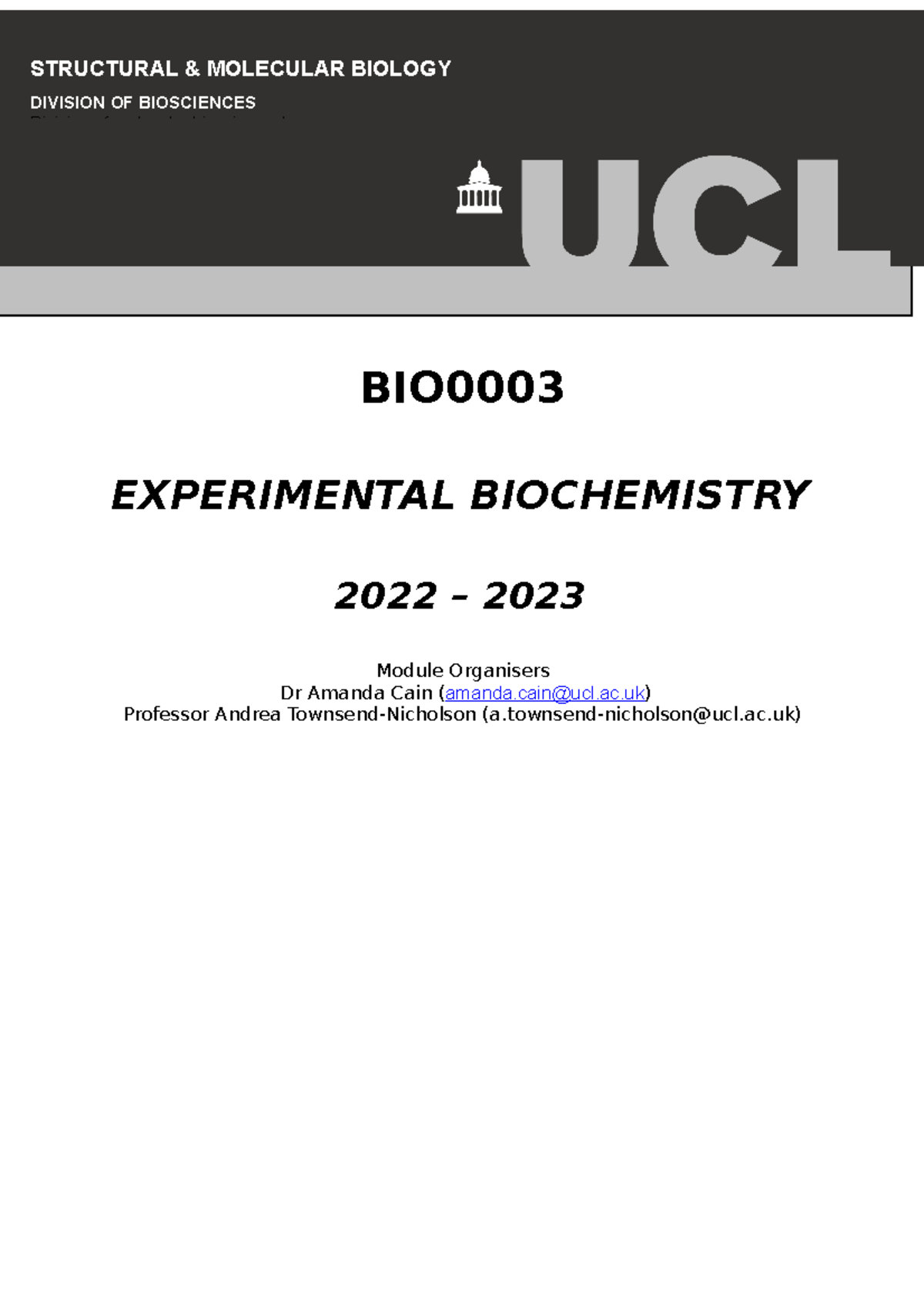 Bioc0003 Course Booklet - BIO EXPERIMENTAL BIOCHEMISTRY 2022 – 2023 ...