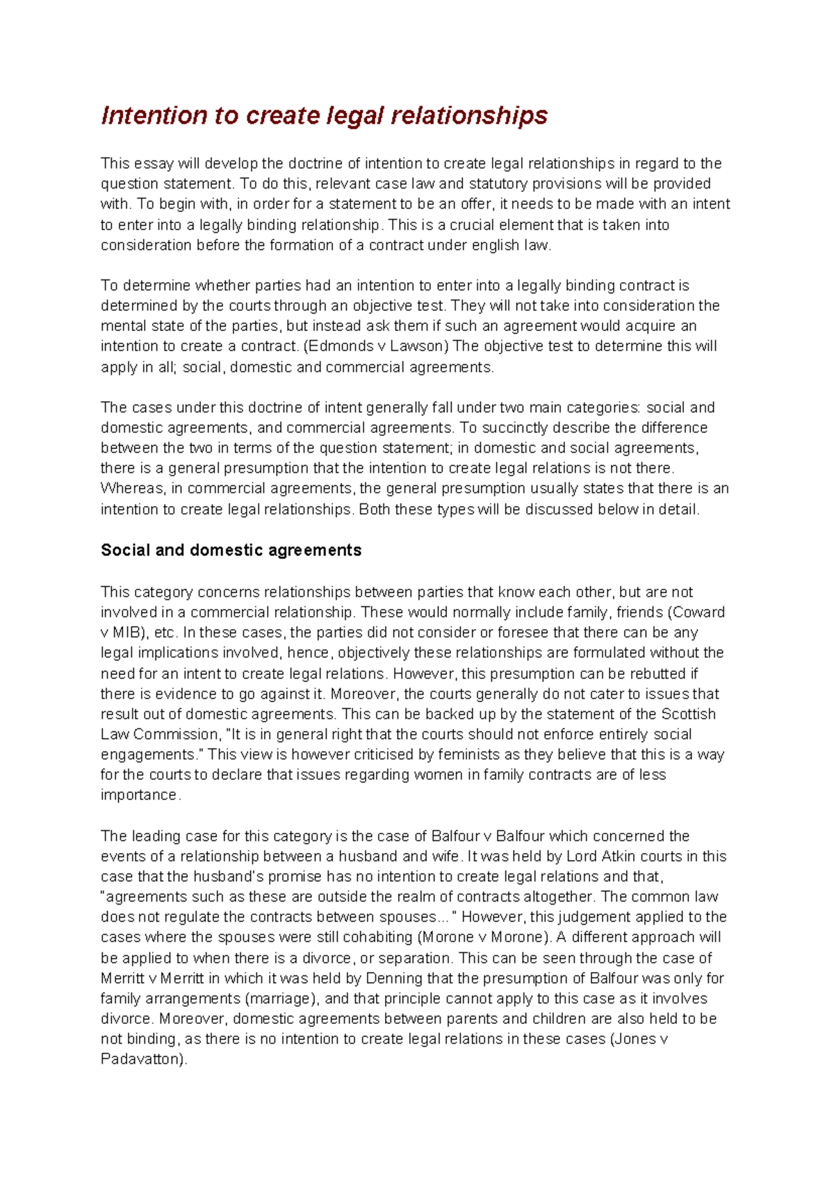 Intention Finals-2 - CONTRACT - Intention to create legal relationships ...