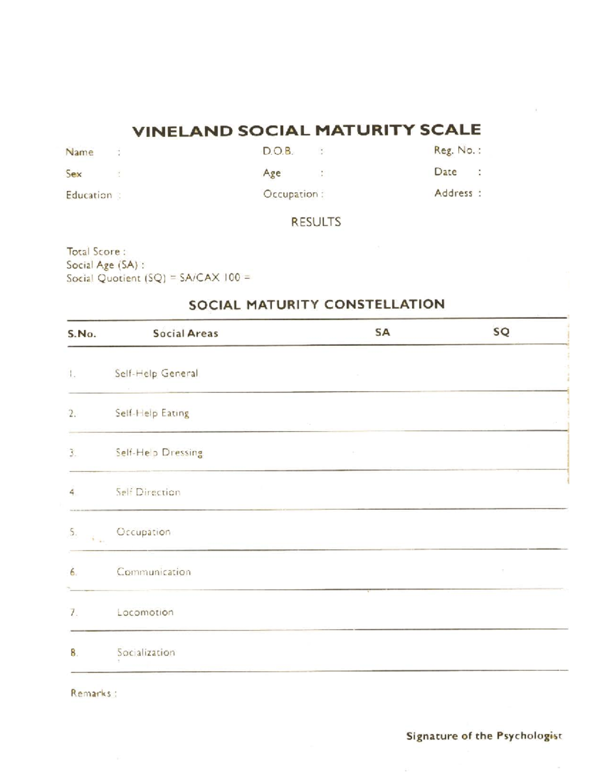 VSMS-1 - Notes on VSMS Test. - VINELAND SOCIAL MATURITY SCALE Name : D ...