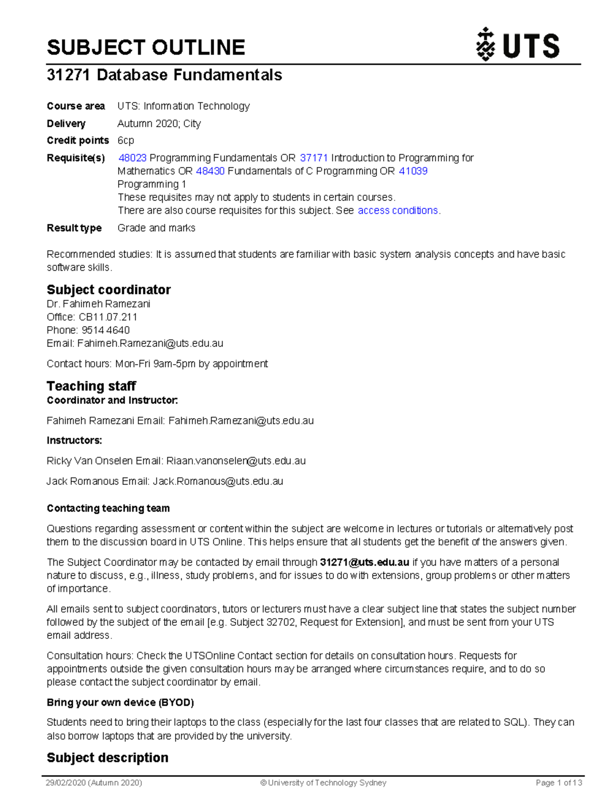 Database Fundamental - SUBJECT OUTLINE 31271 Database Fundamentals ...