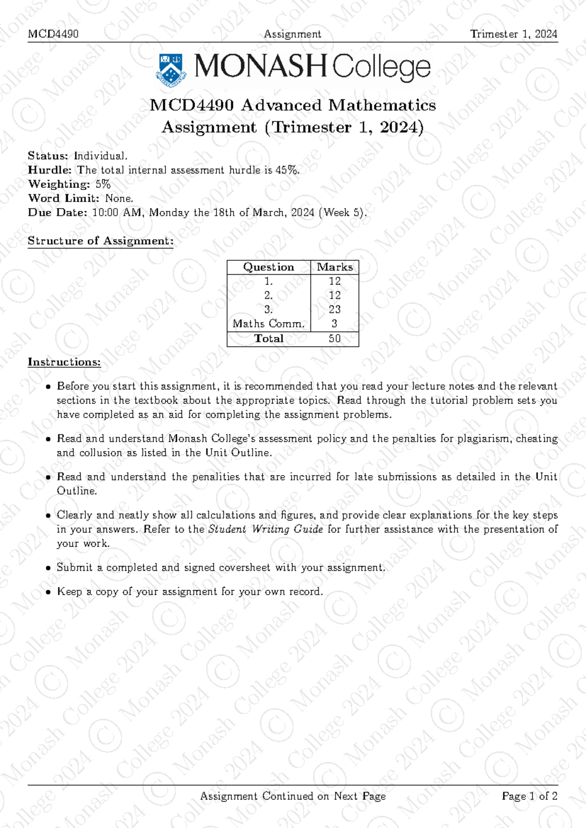 MCD4490 2024 T1 Asgmt V2 - © © Monash College © Monas © Monash College 2024 © © Monash College ...