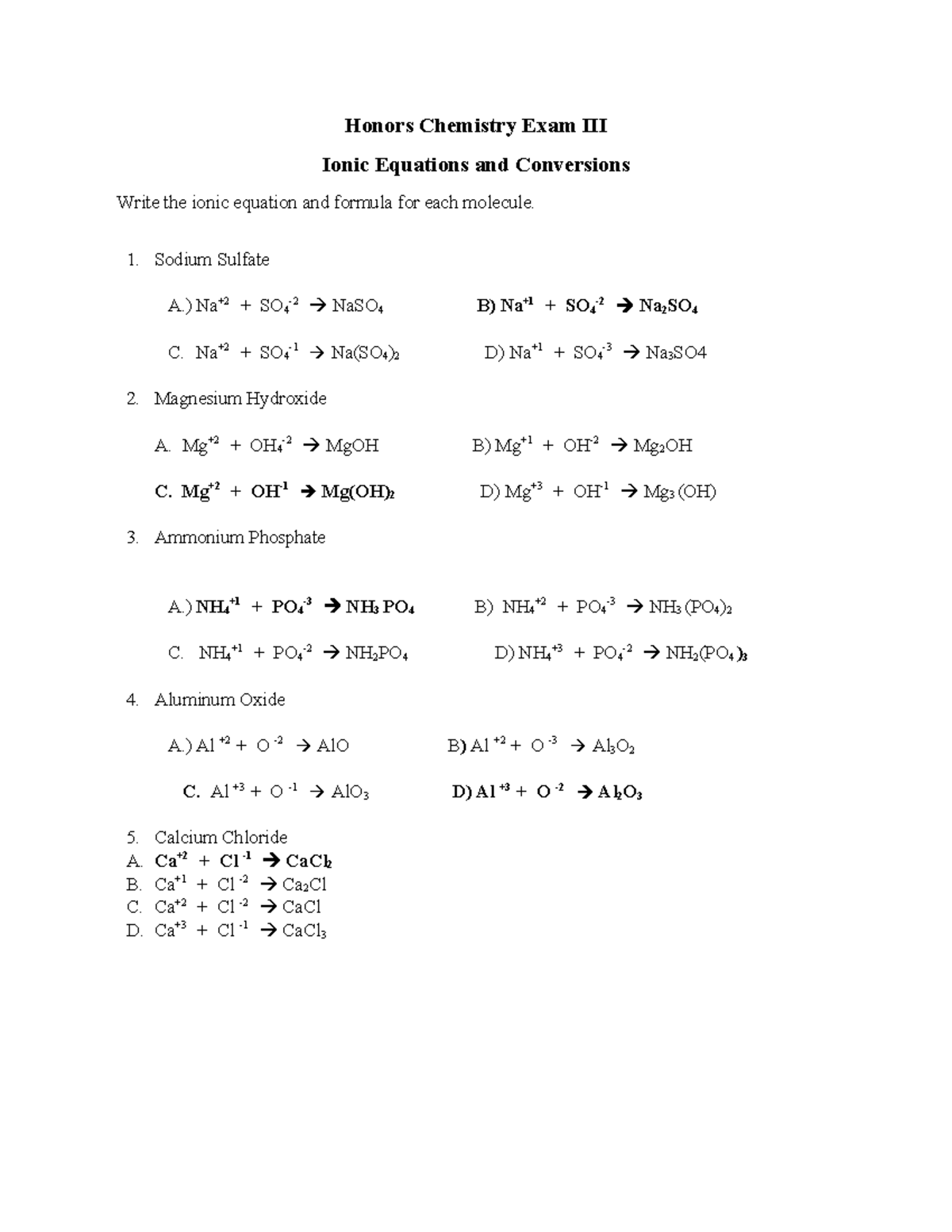 Honors Chemistry Exam III - Honors Chemistry Exam III Ionic Equations ...