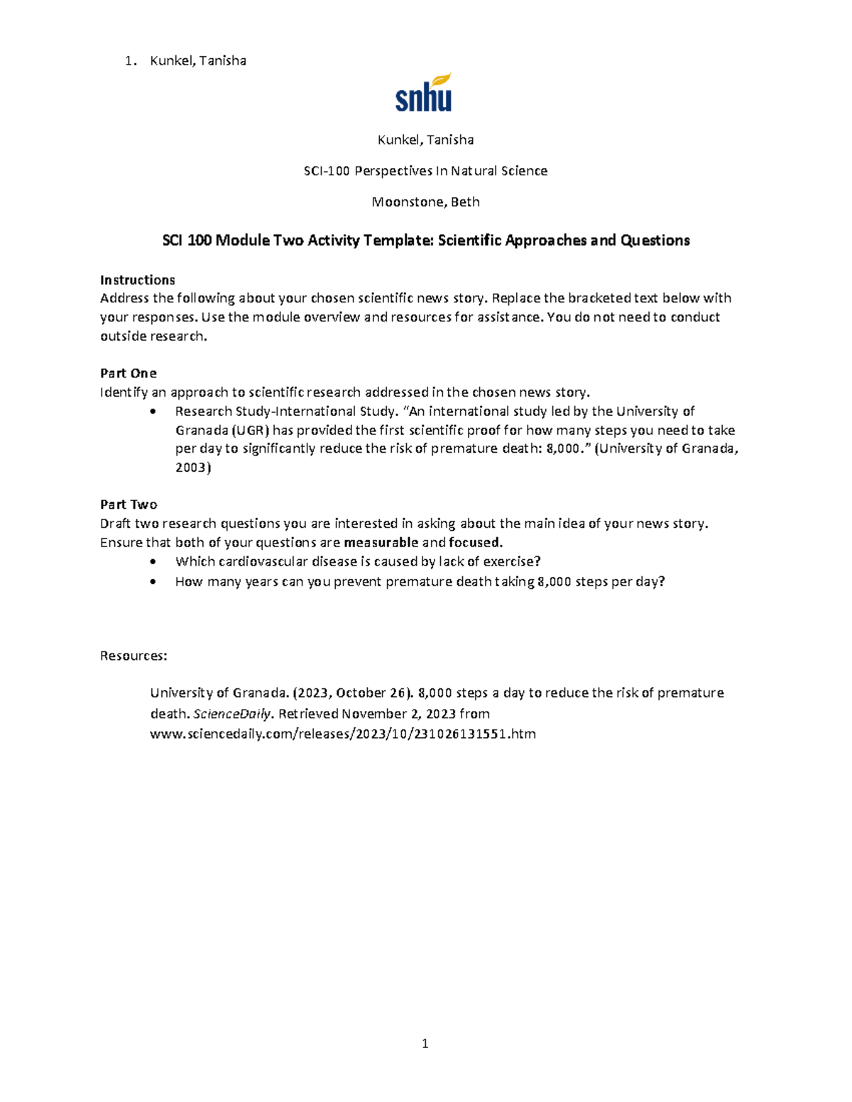 SCI 100 Module Two Activity Finished - Kunkel, Tanisha 1 Kunkel ...