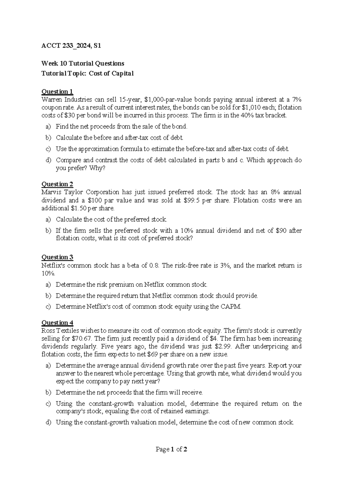 ACCT233 2024, S1 Week 10 Tutorial Questions - Page 1 of 2 Week 10 Tutorial Questions Tutorial ...