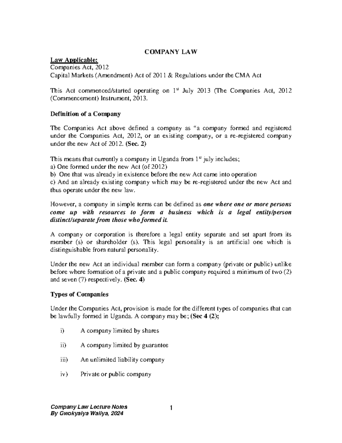 Company Law Final Notes 2024 - Company Law Lecture Notes 1 COMPANY LAW ...