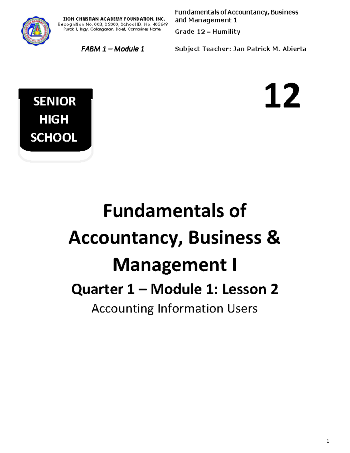 FABM1 - Module 1- Lesson 2 - ZION CHRISTIAN ACADEMY FOUNDATION, INC ...