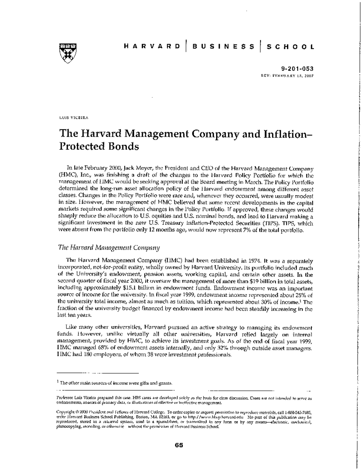 Case Study Harvard Management Company and TIPS - Storia Economica e ...