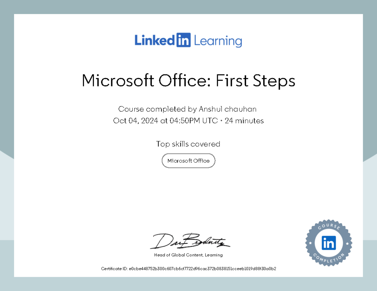 Certificate Of Completion Microsoft Office First Steps - Microsoft ...