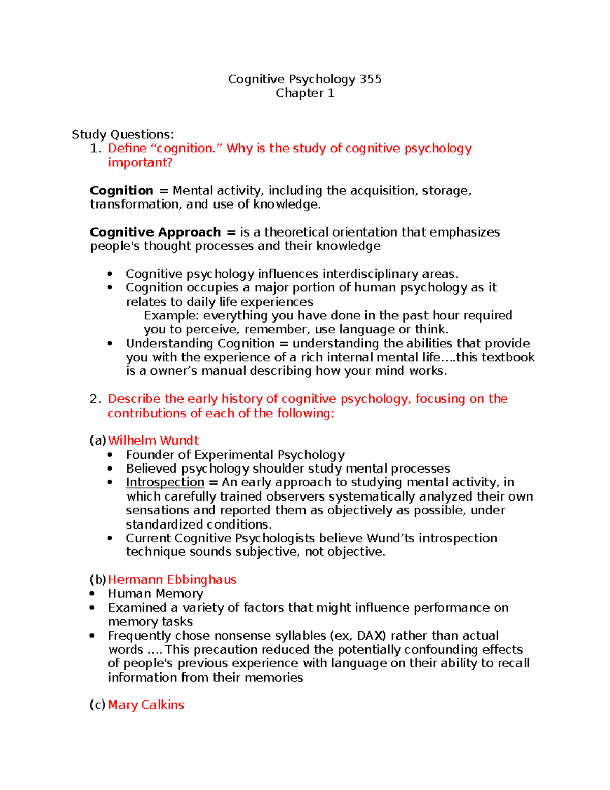 Lesson 1 Intro to Cognitive Psychology - Cognitive Psychology 355 ...