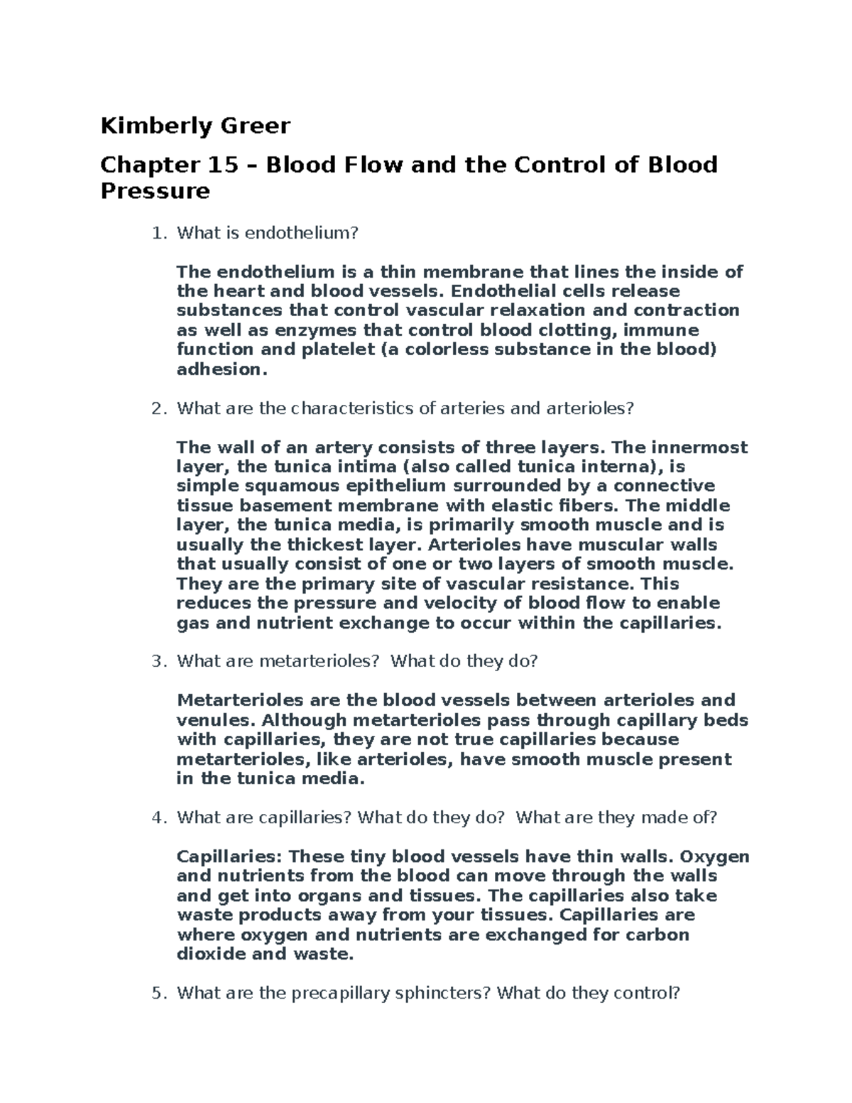 Chapter 15 Questions - Kimberly Greer Chapter 15 – Blood Flow and the ...