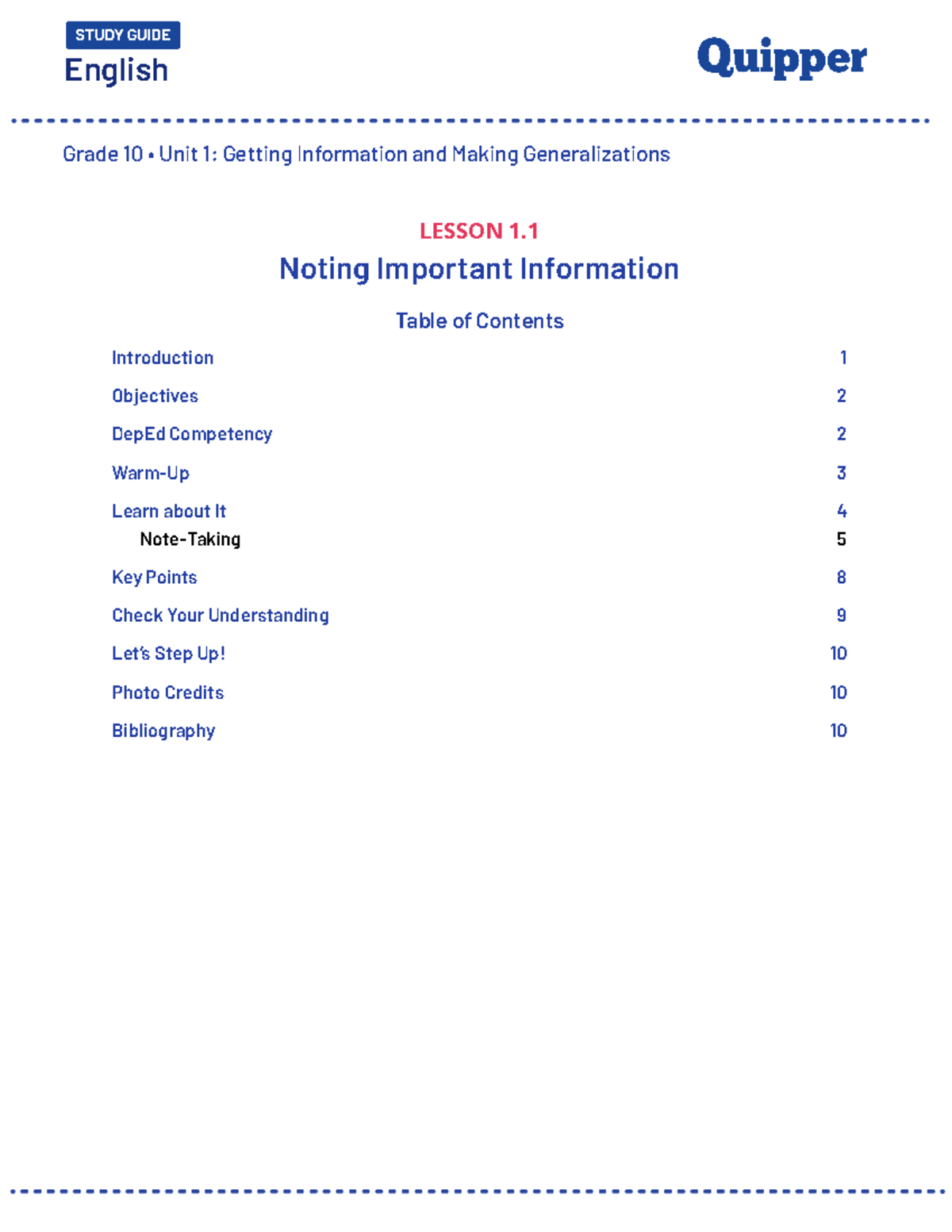 ME Eng 10 Q1 0101 SG Noting Important Information - Grade 10 • Unit 1 ...