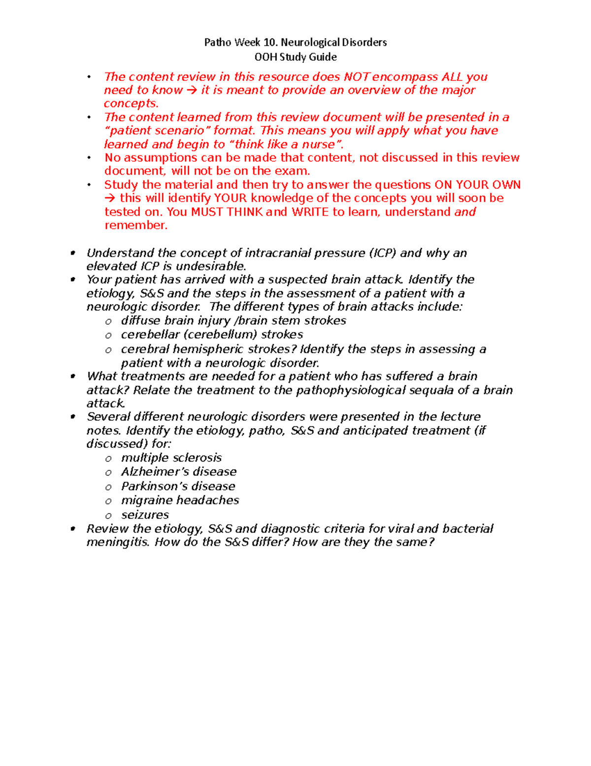 AO OOH Week 10 study guide-2023 - Patho Week 10. Neurological Disorders ...
