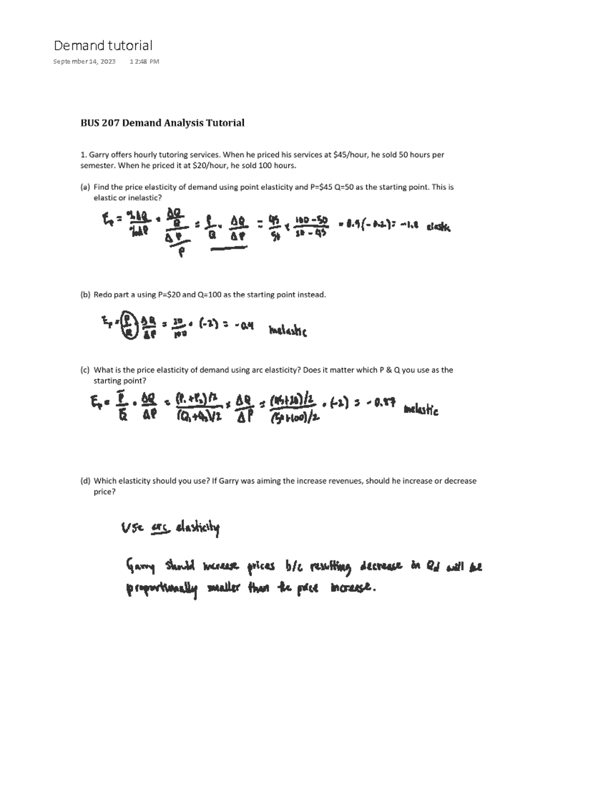 Demand tutorial hand notes 2023f - BUS 207 - Demand tutorial September ...