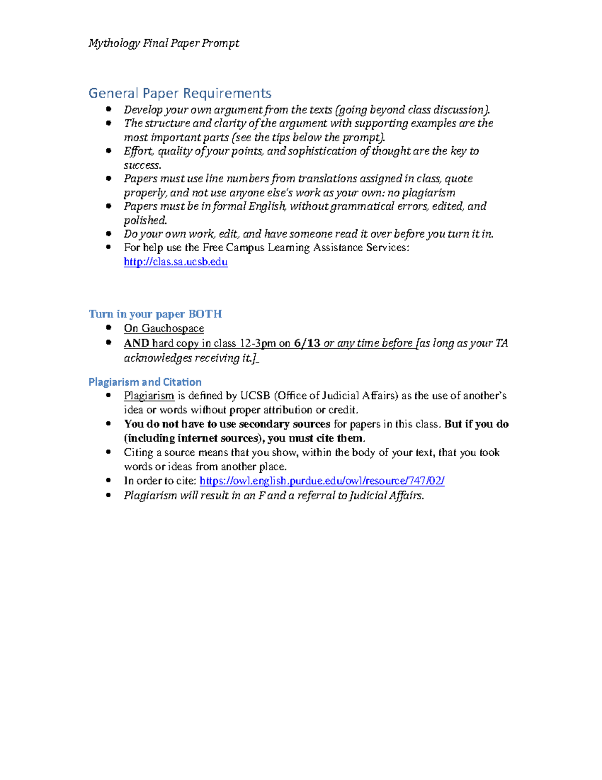Myth Final Paper 2019 - Mythology Final Paper Prompt General Paper ...