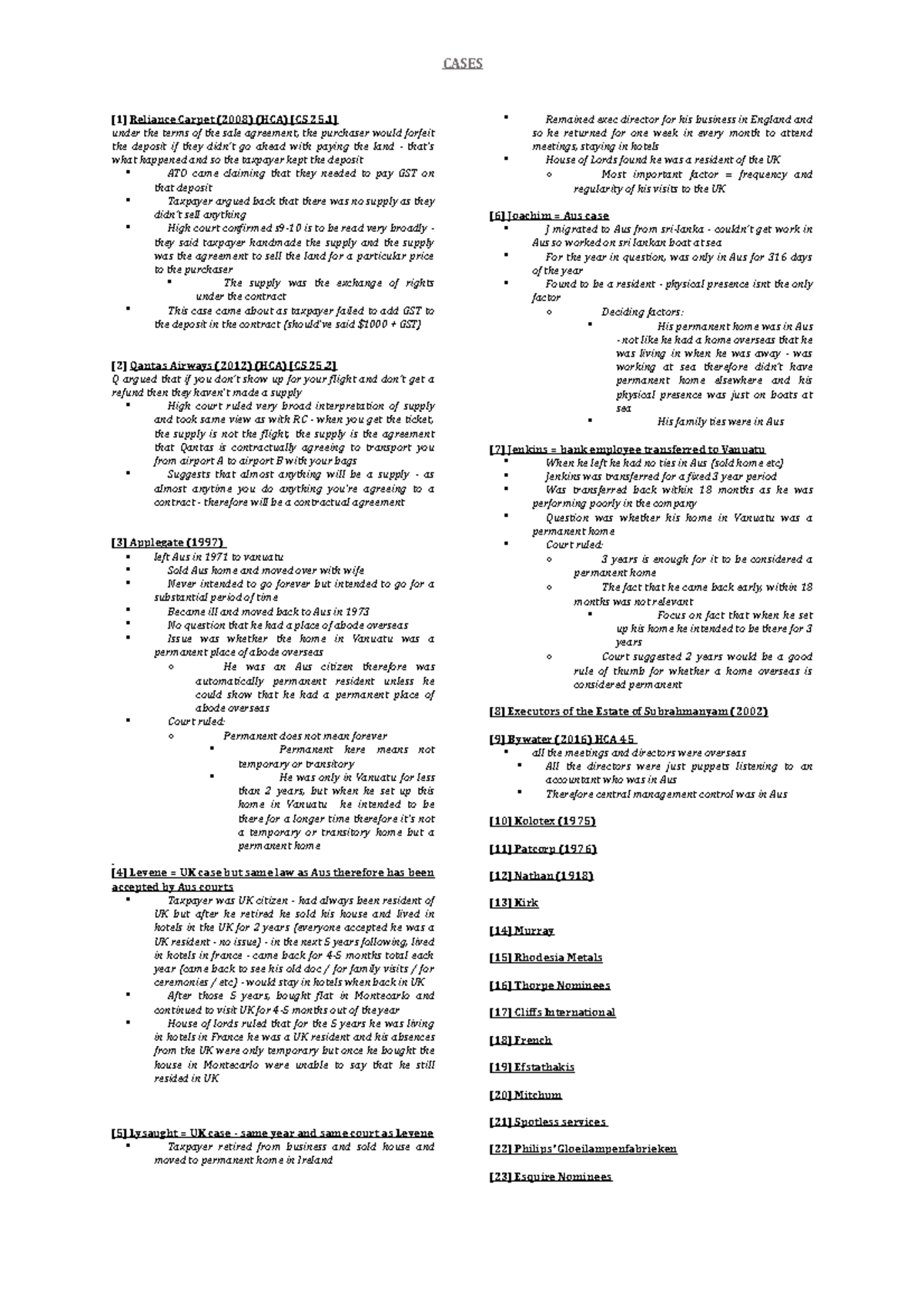 List of Relevant Cases with Summaries - CASES Reliance Carpet (2008 ...