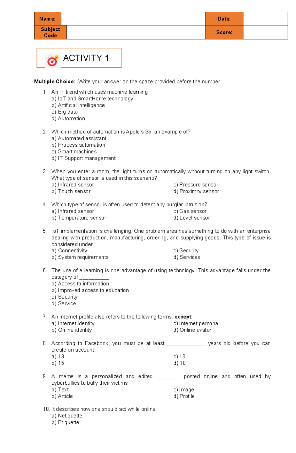 PDF Document 2 Tutorial ACTIVITY 1 Name Date Subject Code Score
