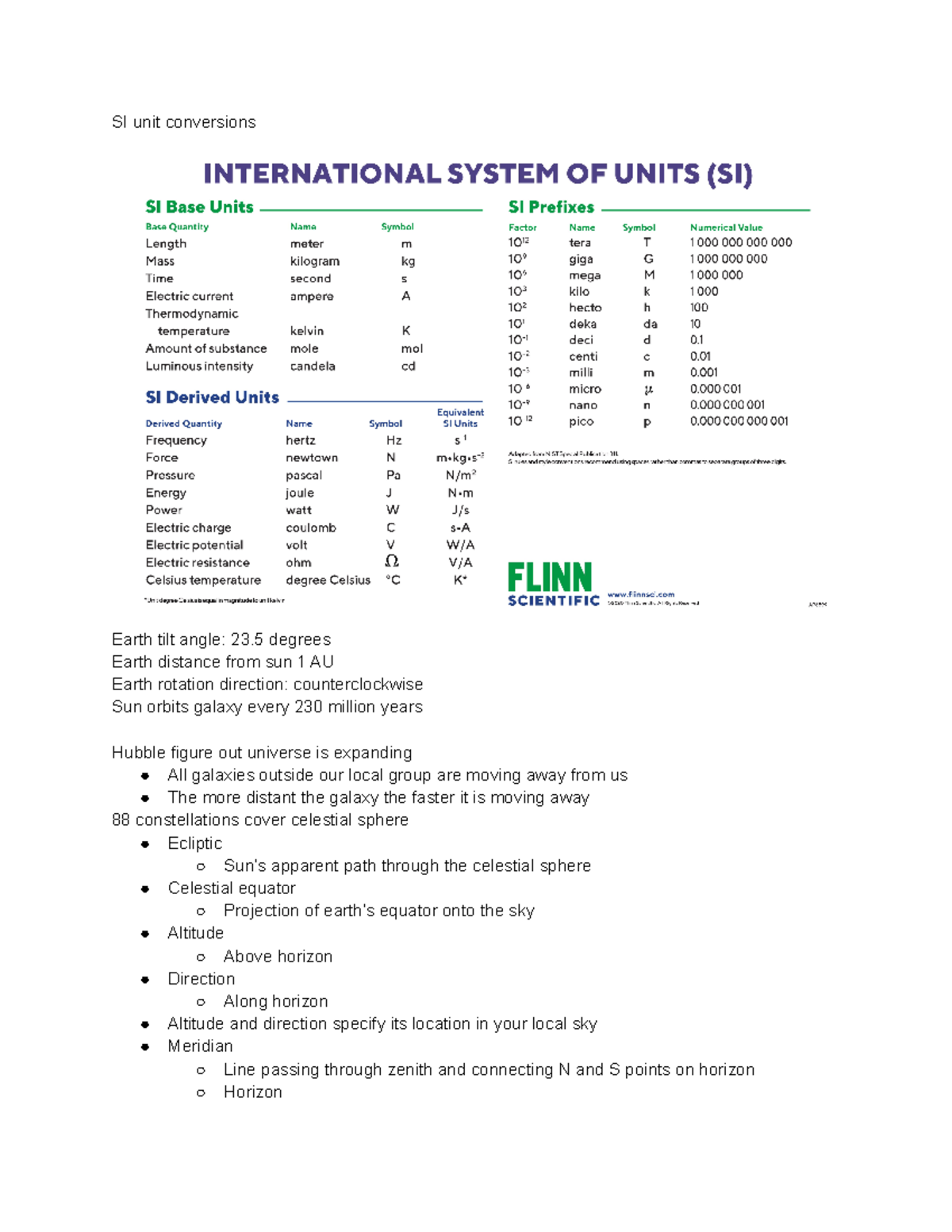 SI Unit Conversions and Celestial Observations - Studocu