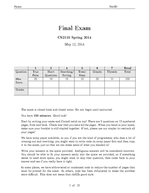 Finalcs 2110sp13-v2 - Past Finals from CS 2110 taught by Professor ...