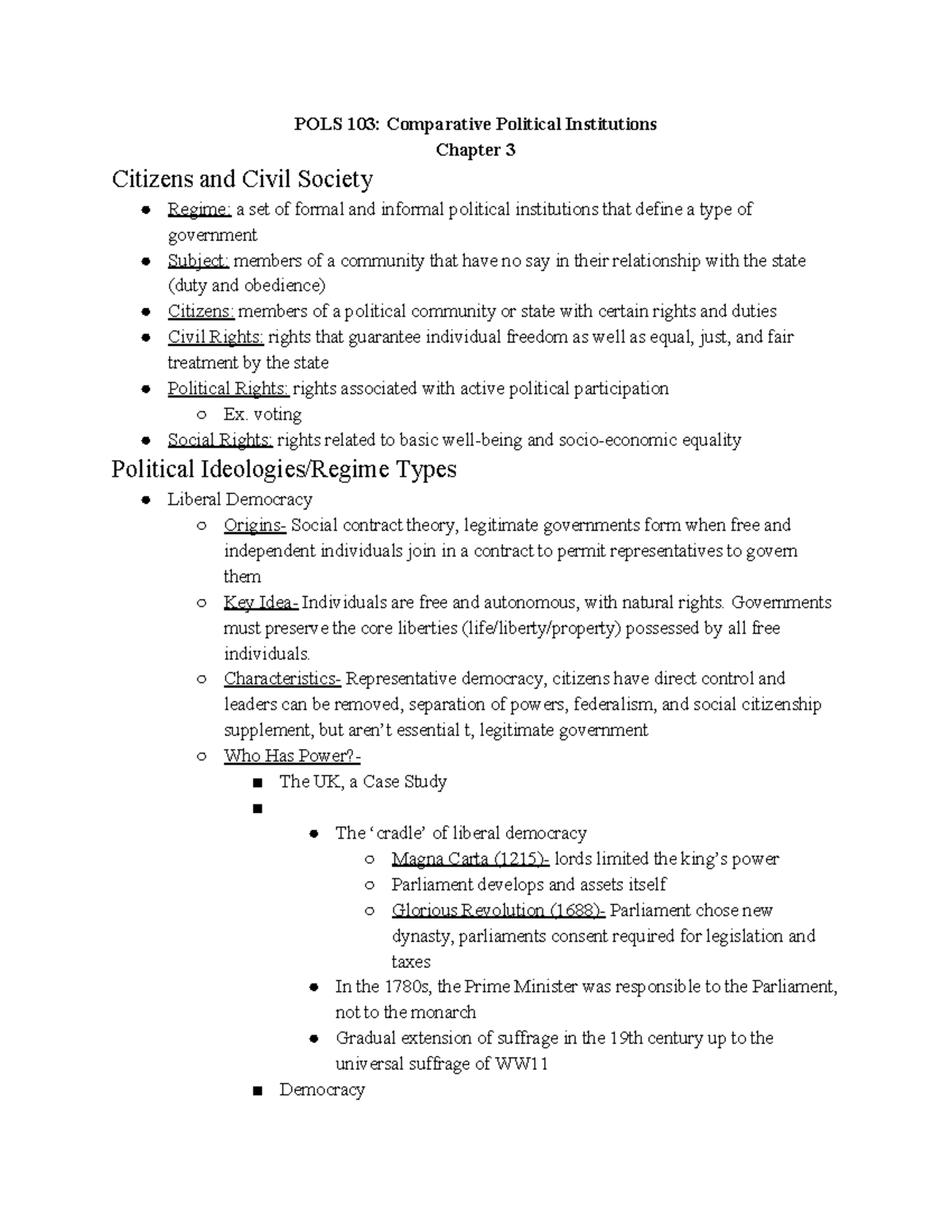 POLS 103 Ch.3 Notes - POLS 103: Comparative Political Institutions ...