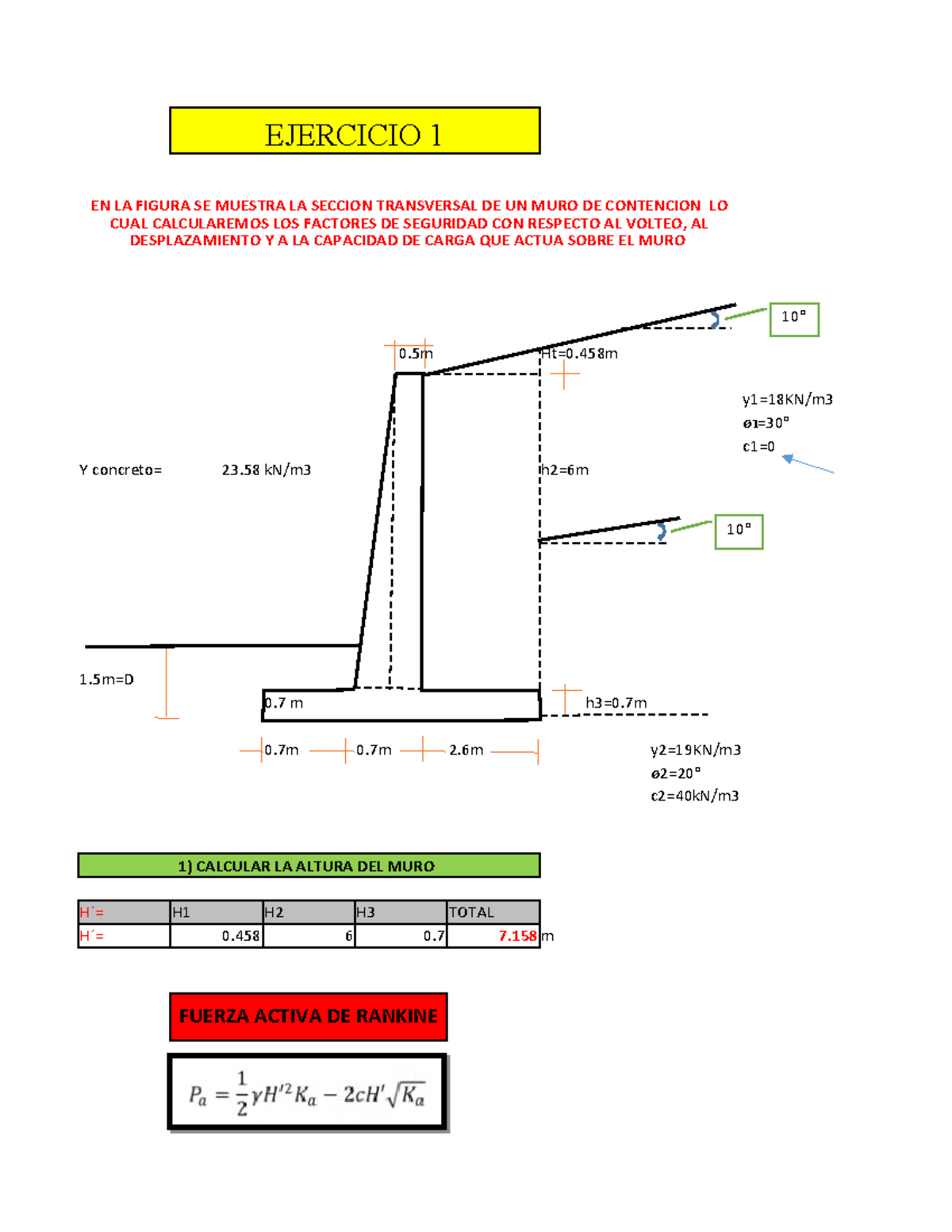 Geotecnia ejercicio-muro - EJERCICIO 1 0 Ht=0 y1=18KN/m c1= Y concreto= 23 kN/m3 h2=6m 1=D 0 m ...