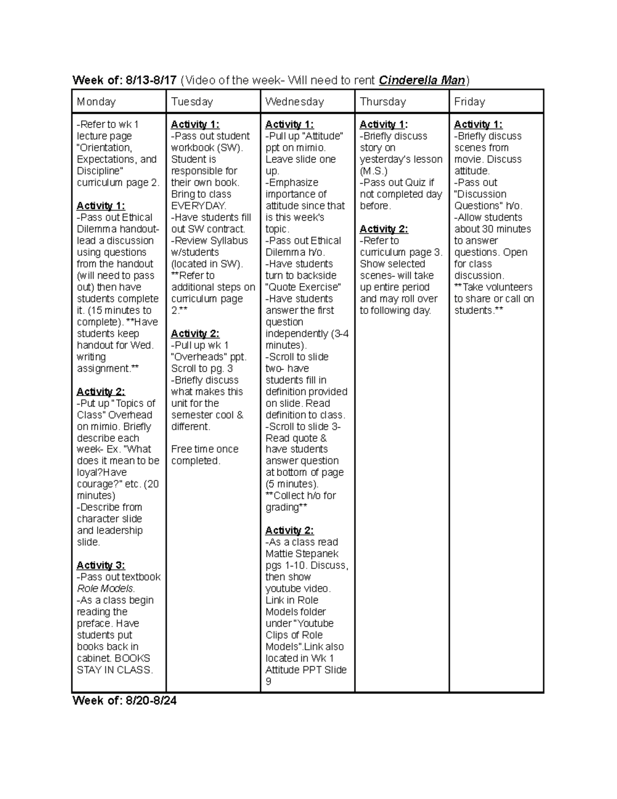 Wk 1 & 2 Lesson Plans (8-13 to 8-24) - Week of: 8/13-8/17 (Video of the ...