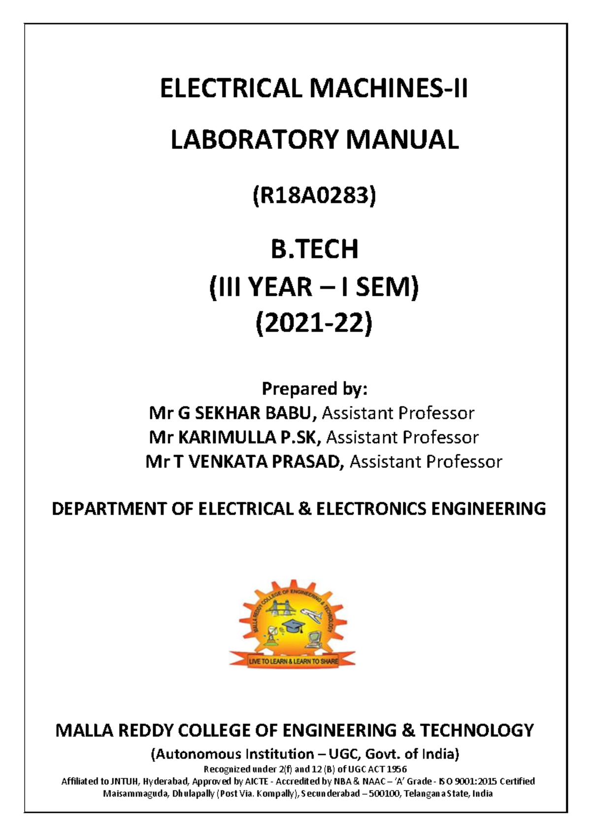 Electrical Machines-II - ELECTRICAL MACHINES-II LABORATORY MANUAL ...