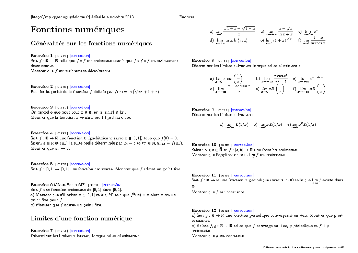 Fonctions numériques - TD Analyse - [mp.cpgedupuydelome] édité le 4 octobre 2013 Enoncés 1 ...