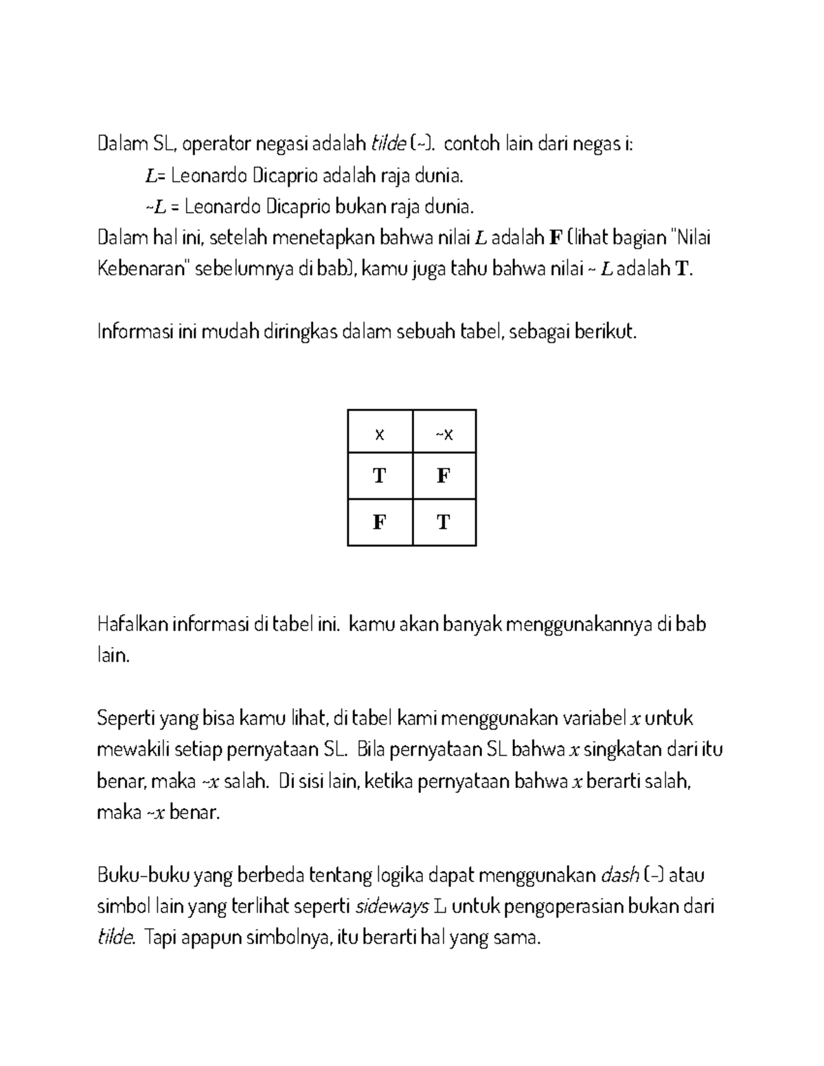 Pemahaman Negasi - Dalam SL, operator negasi adalah tilde (~). contoh ...