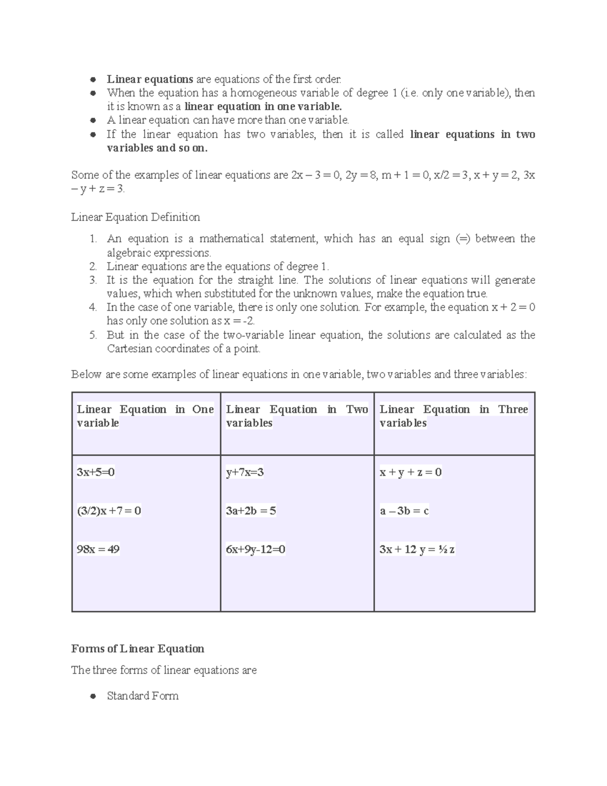 1.4 Simple Linear equation - Linear equations are equations of the ...