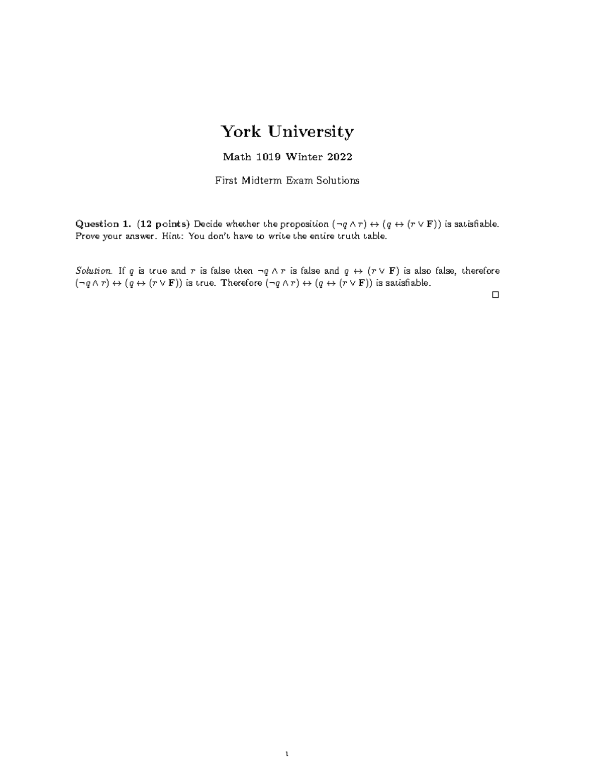Midterm 1 Math1019 Solutions - York University Math 1019 Winter 2022 ...