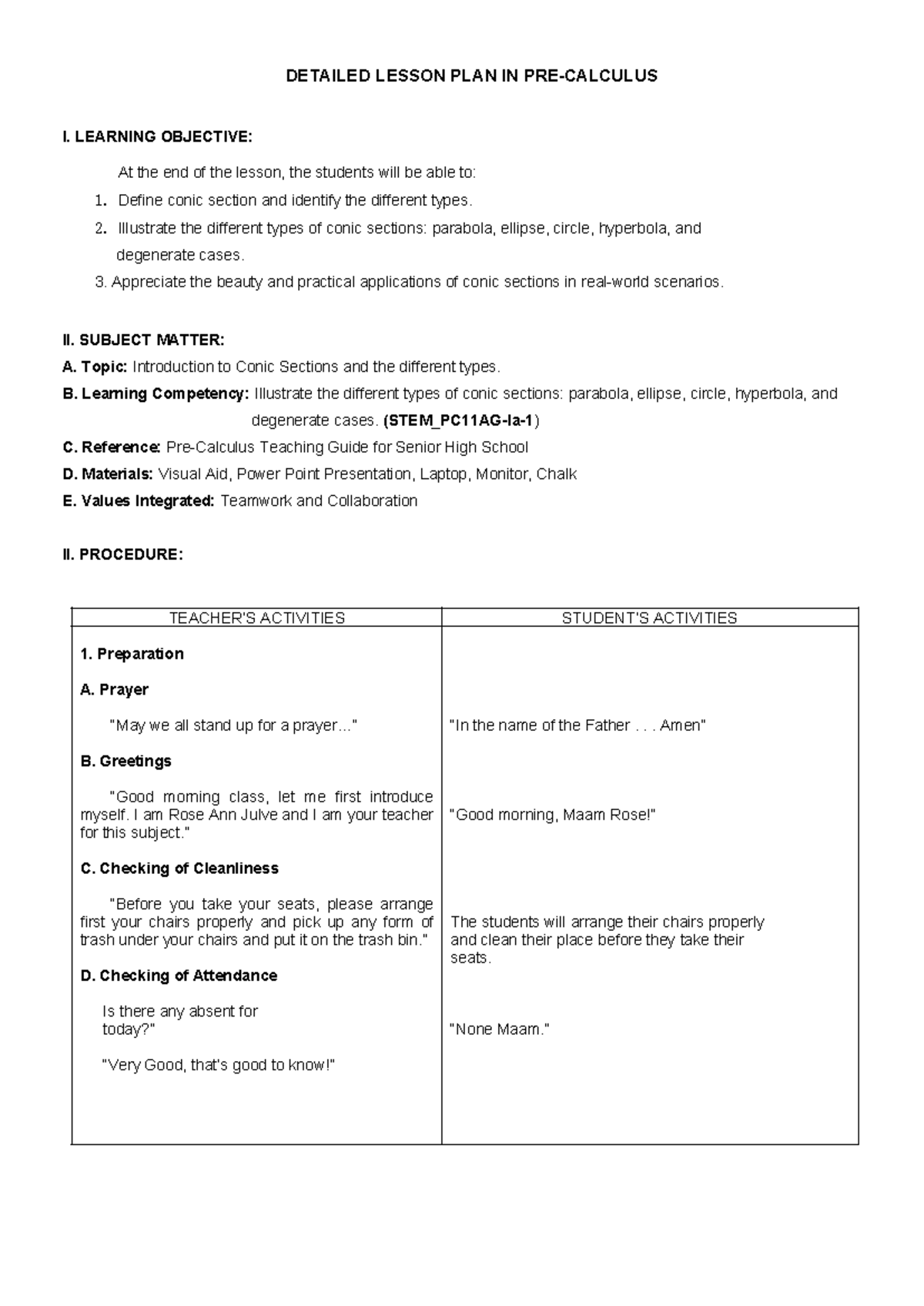 DLP Pre-Calculus (Conic Section) - DETAILED LESSON PLAN IN PRE-CALCULUS ...
