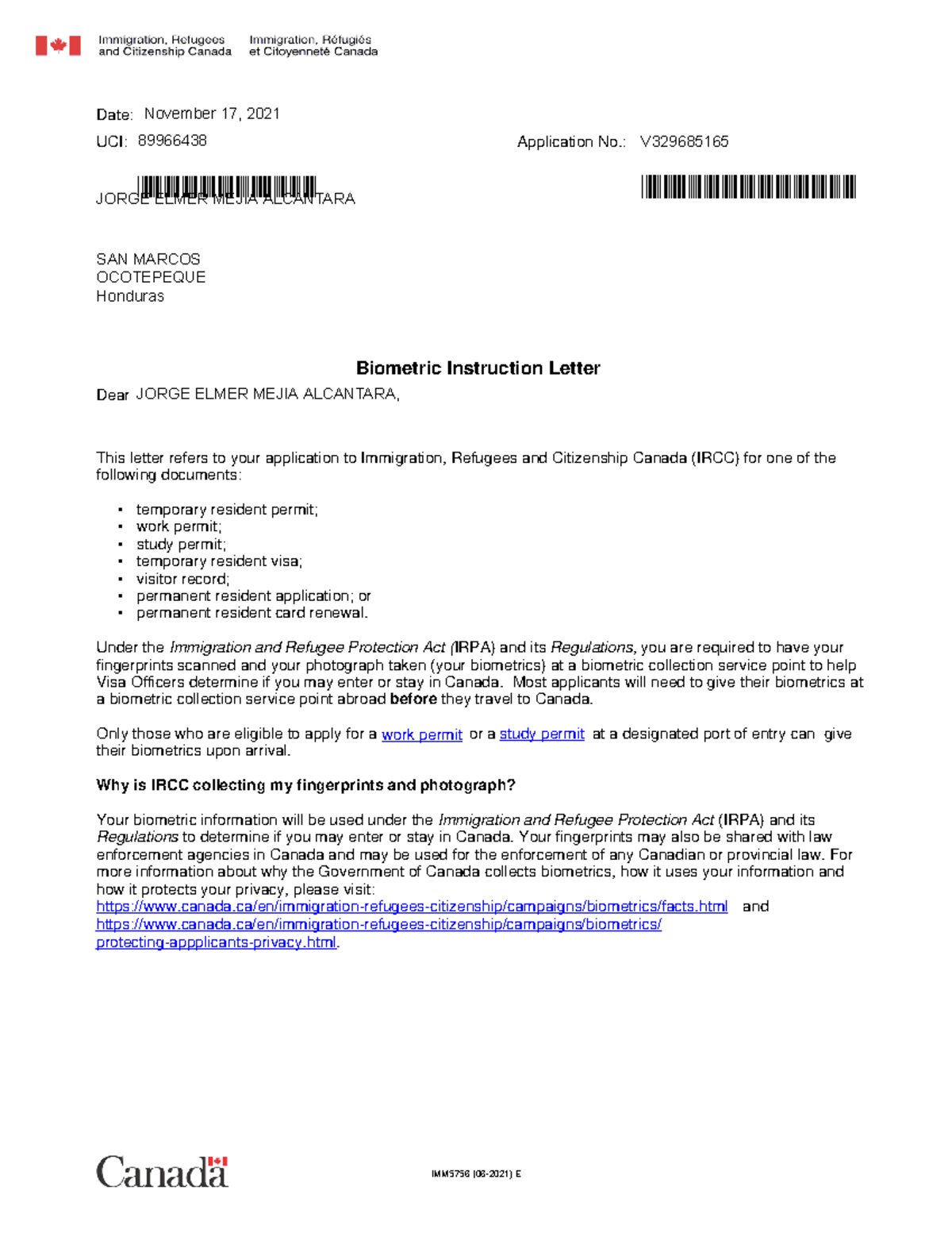 Biometrics Letter Jorge Elmer Mejia Alcantara - IMM5756 (06-2021) E UCI ...