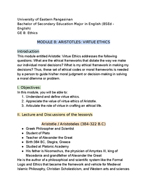 GE 8 Ethics Module 9 ST. Thomas Aquinas Natural LAW AND ITS Tenets - University of Eastern - Studocu