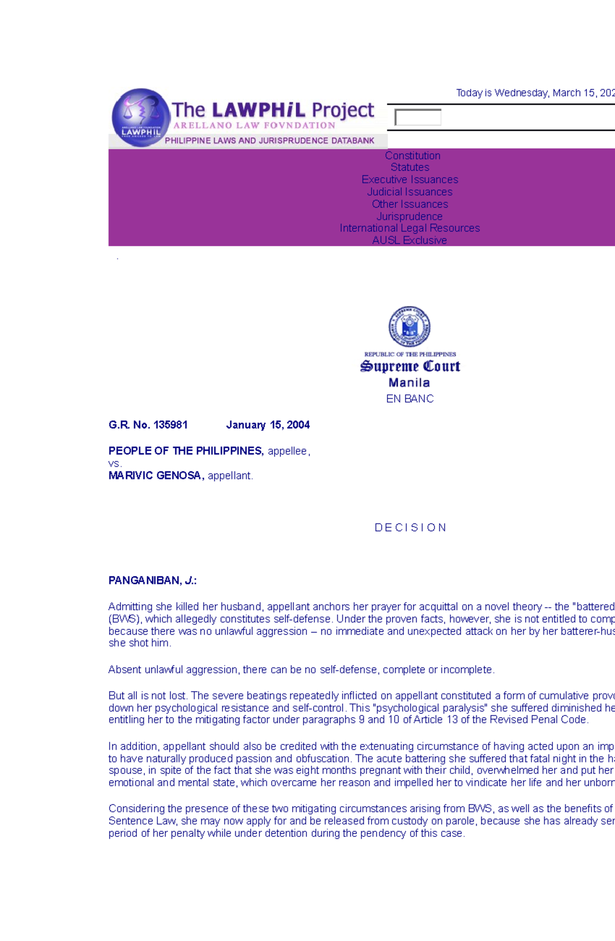 Genosa - case - Today is Wednesday, March 15, 202 Constitution Statutes ...