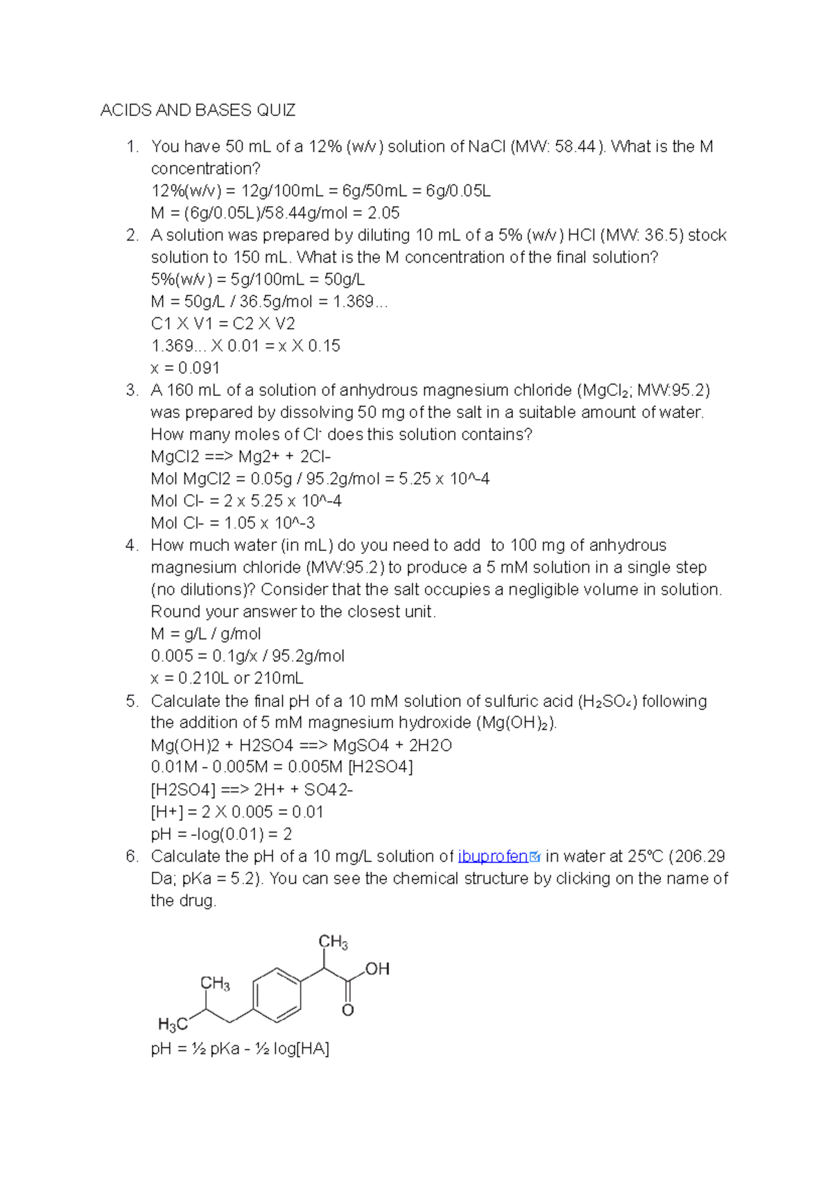 Acids AND Bases QUIZ answers - ACIDS AND BASES QUIZ You have 50 mL of a ...