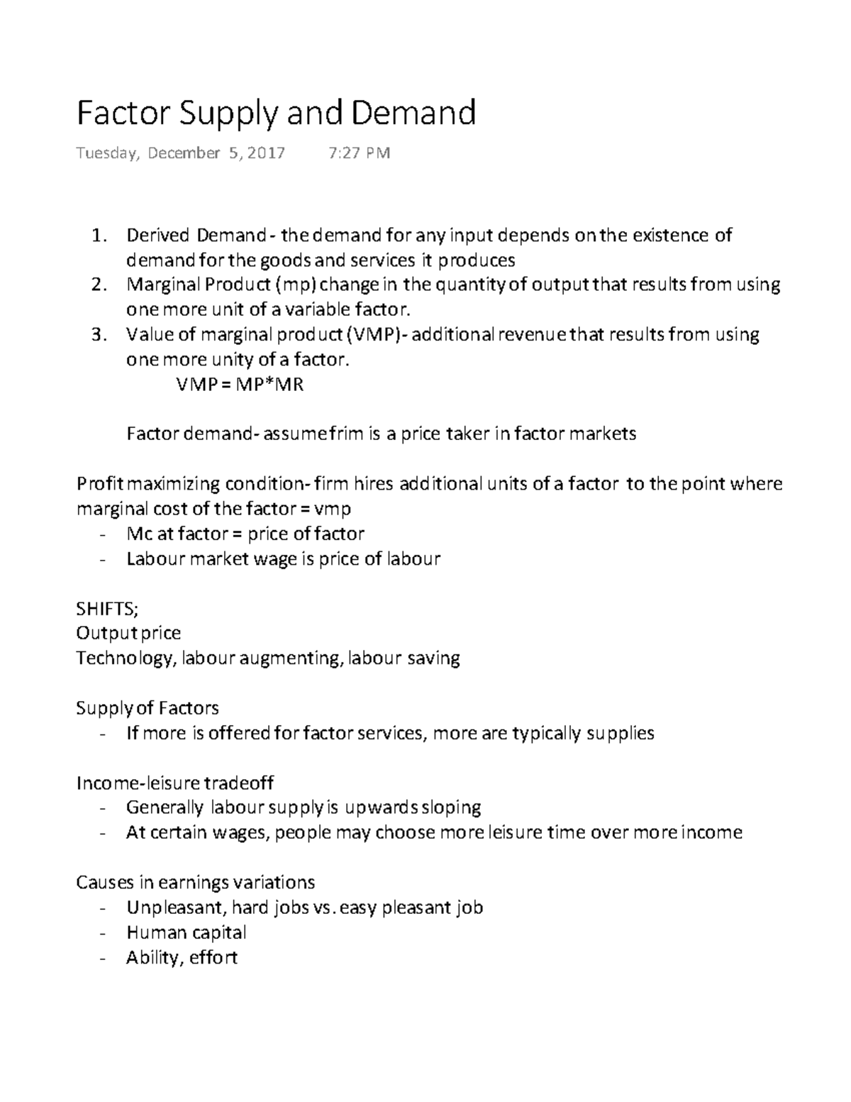Market Structures - Derived Demand -the demand for any input depends on ...