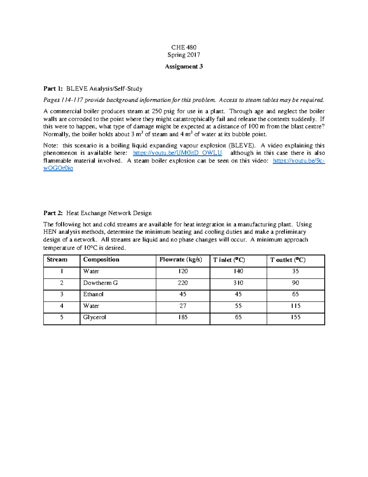 480Assign 3 - Assignment 3 - CHE 480 Spring 2017 Assignment 3 Part 1: BLEVE Analysis/Self-Study ...