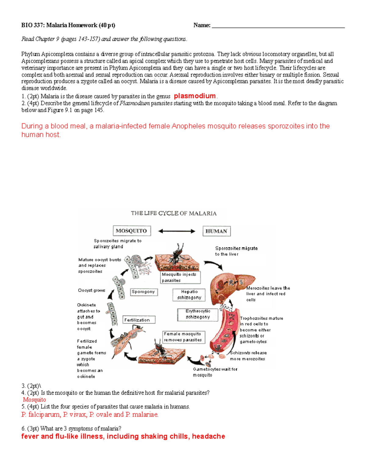 S14 Malaria Homework - answer - BIO 337: Malaria Homework (40 pt) Name ...