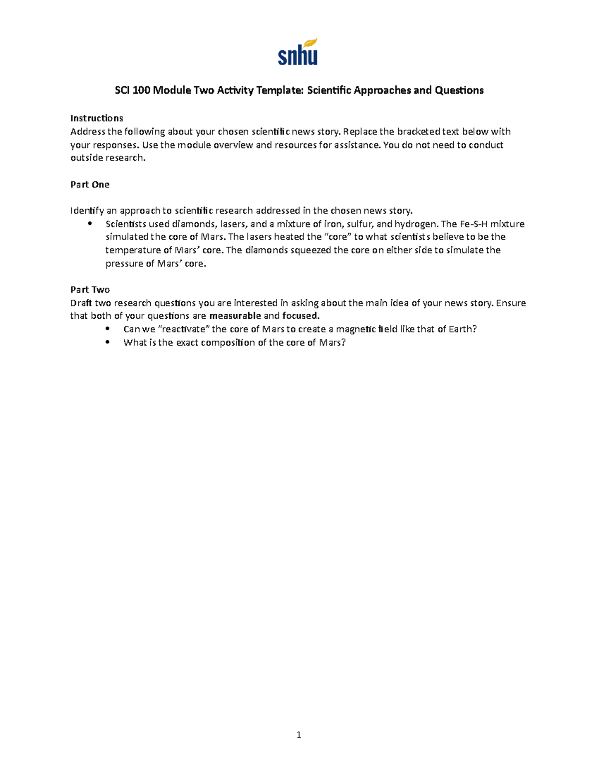 Module 2 - Scientific Approaches - SCI 100 Module Two Activity Template ...